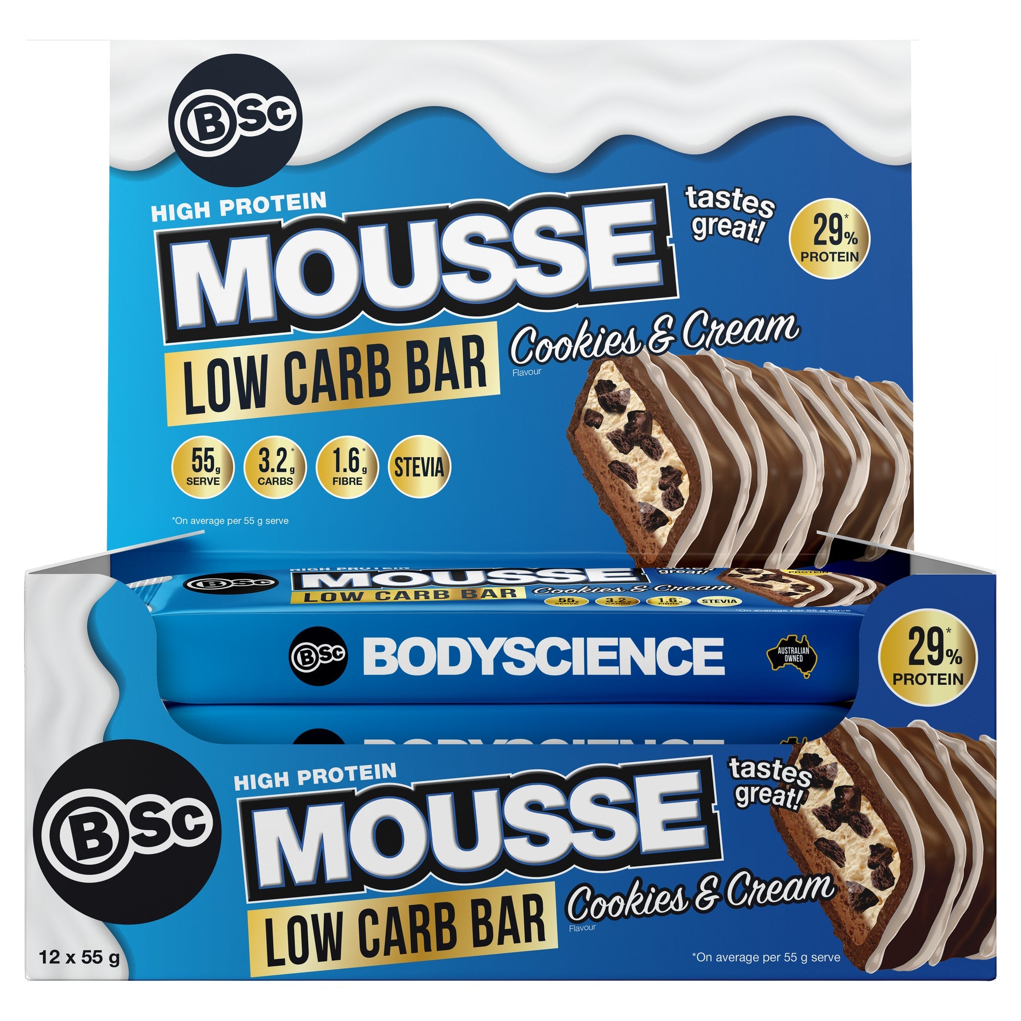 Body Science Low Carb High Protein Mousse Bar 55g - Cookies & Cream 12 ...