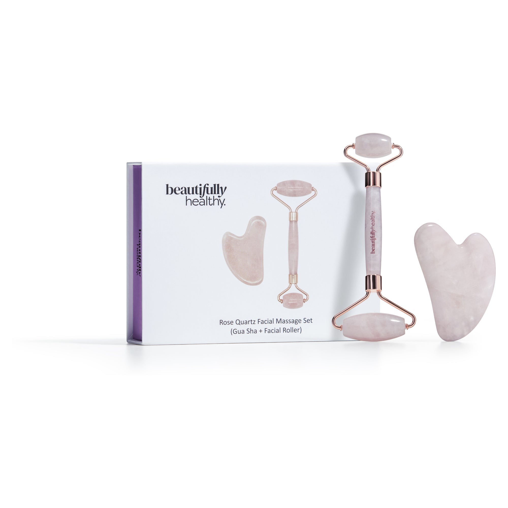 Beautifully Healthy Rose Quartz Massage Set (Gua Sha Stone And Roller ...